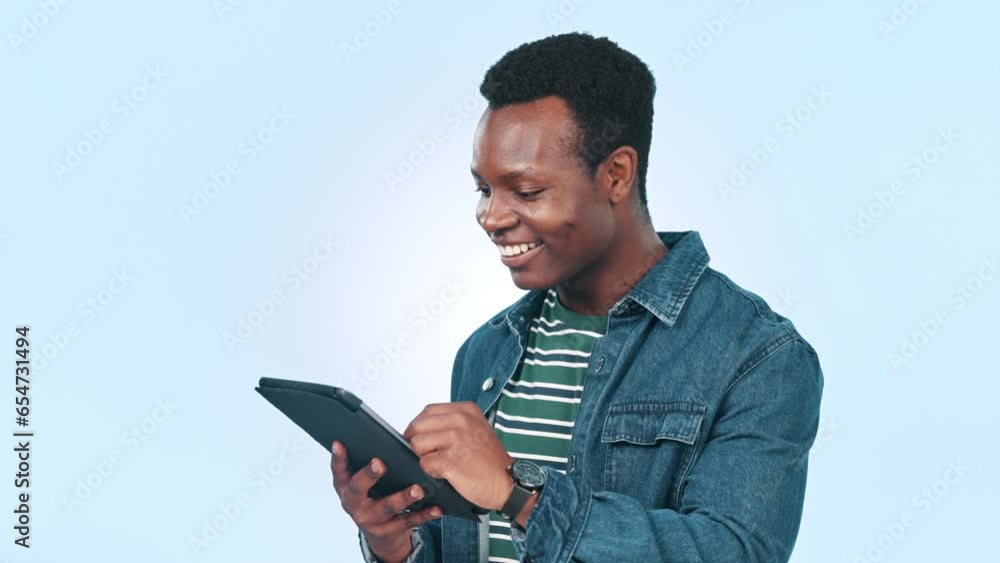 Man, tablet and communicate with happiness, blue background and casual ...