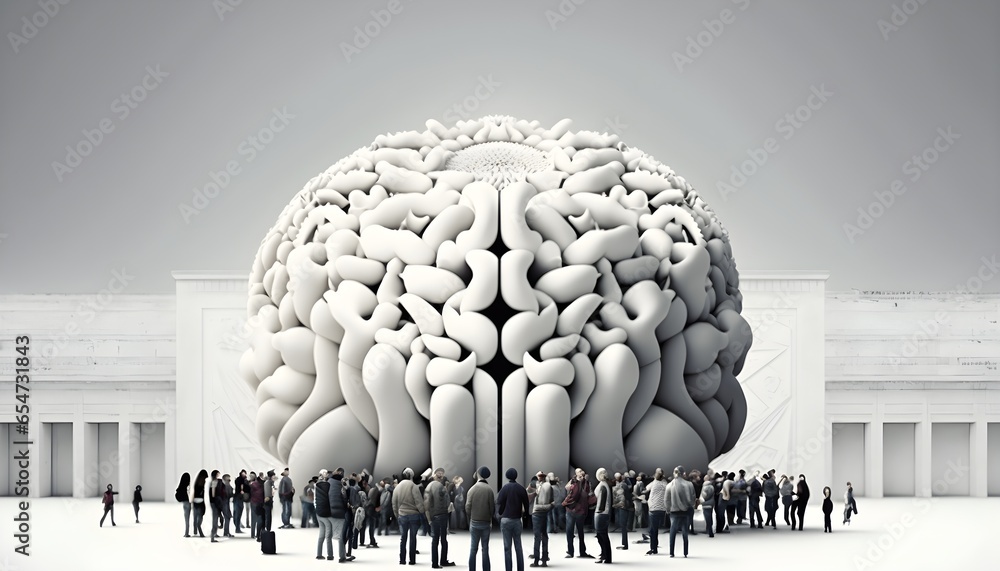 a crowd thinking powerful ideas that float up to one central brain data ...