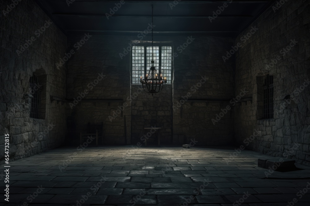 An empty, eerie medieval dungeon with a barred window, chandelier ...