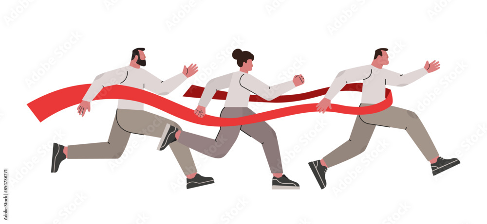 People characters crossing finish line. Team leader tears red finish ...