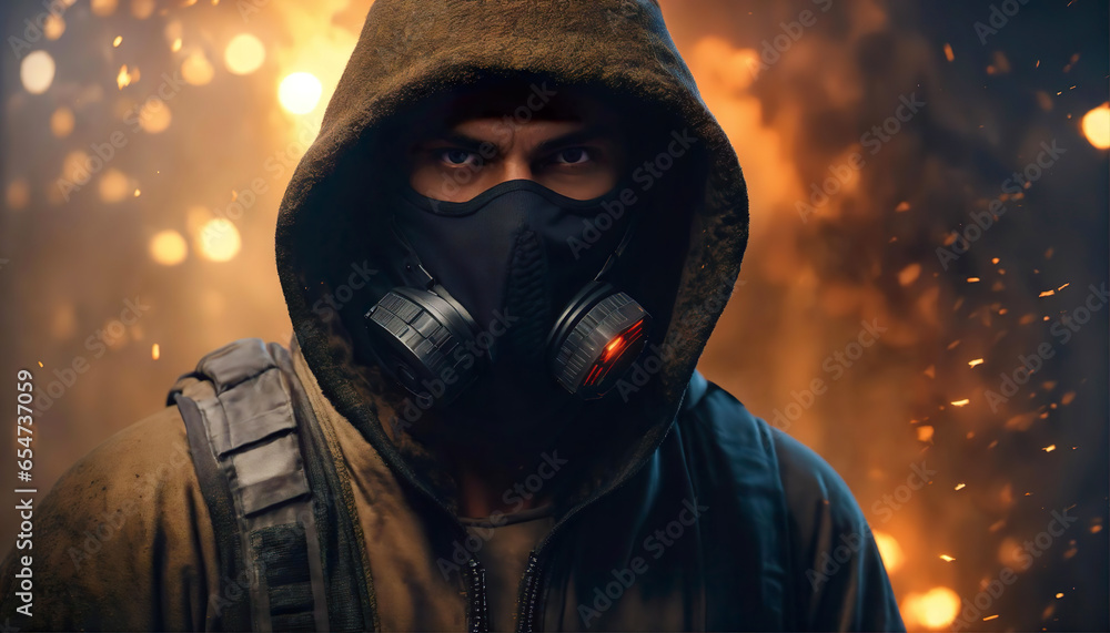 portrait of young riot adult man wearing a gas mask for protection.Male ...