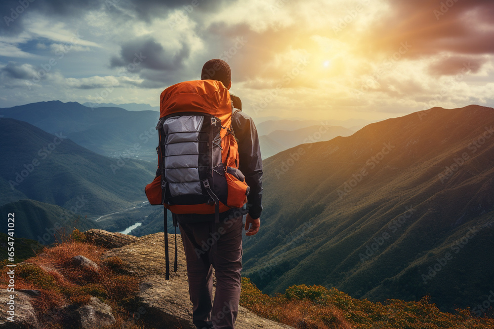 Beautiful mountain trail, where a male hiker embarks on an adventurous ...