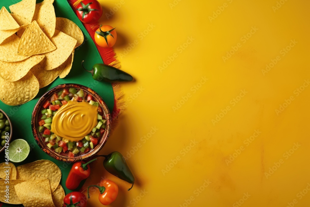 Cinco de mayo theme Overhead image of classic snacks nacho chips salsa ...