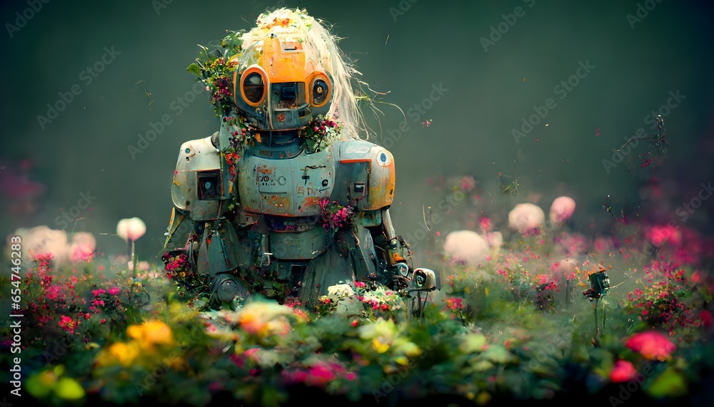 cute robot Girl sitting in the center of a garden of fresh flowers she ...