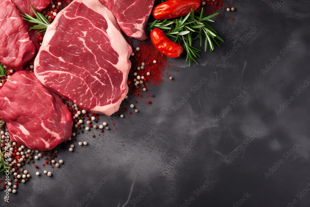 Raw meat selection on grey backdrop Wide view banner with text area ...