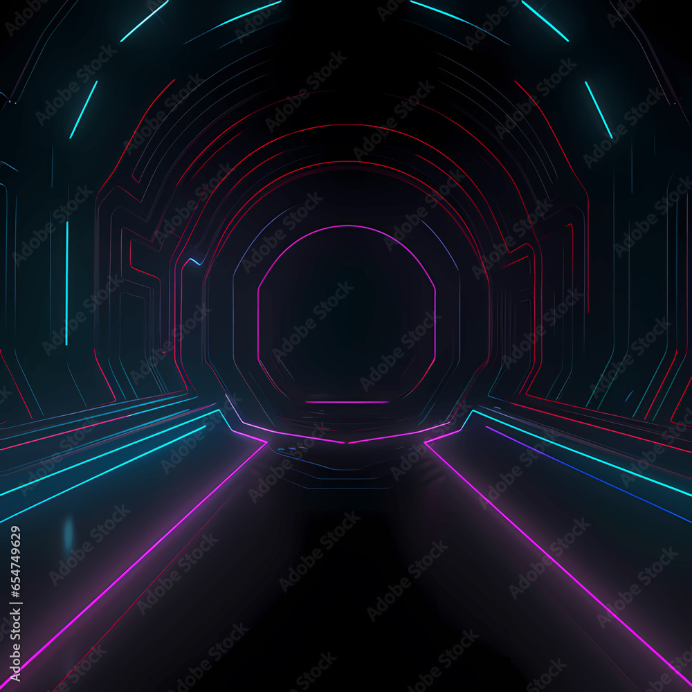 Path or corridor with neon lighting and lines, on a black background ...