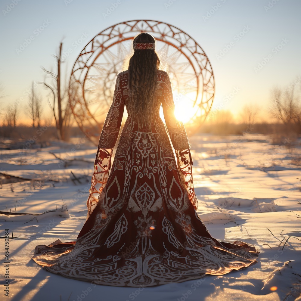 Northern shaman with deer antlers. A woman in a long robe performs a ...