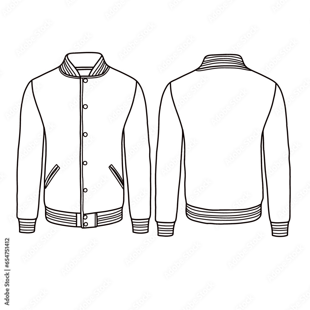 Technical sketch drawing of Man’s Varsity Baseball Jacket, front and ...