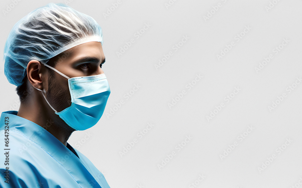 Close-up profile portrait of a masked male surgeon on a white ...