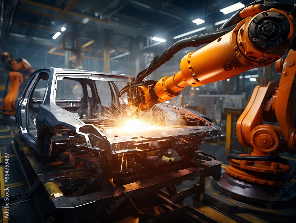 Assembly line of robots welding car body. Industry. Automobile plant, Industrial machinery ...