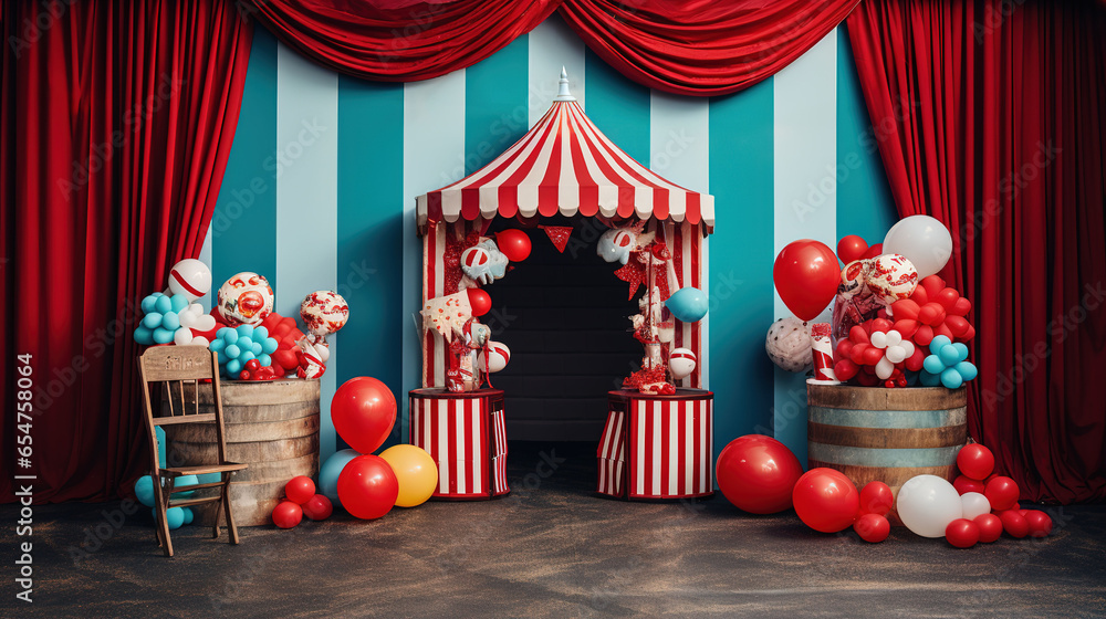 Decorative Carnival Photo Booth with Striped Canopy, Popcorn Box and ...
