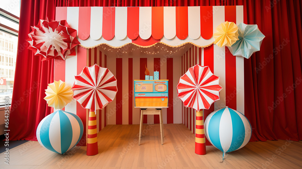 Decorative Carnival Photo Booth with Striped Canopy, Popcorn Box and ...