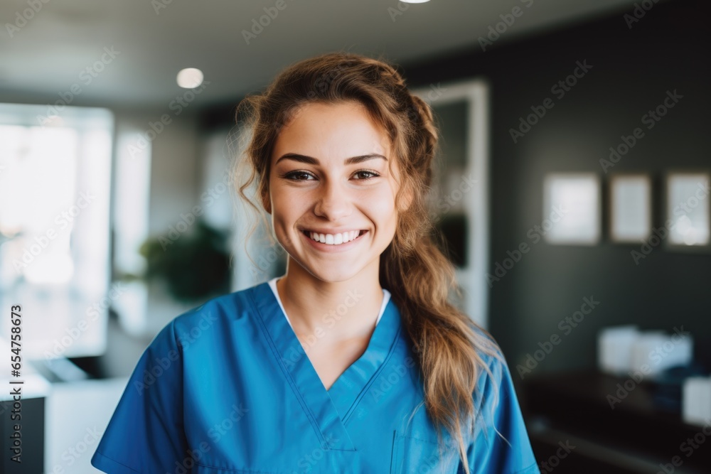 Smiling portrait of a happy female caucasian nurse working in an office ...