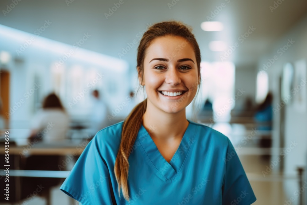 Smiling portrait of a happy female caucasian nurse working in an office ...