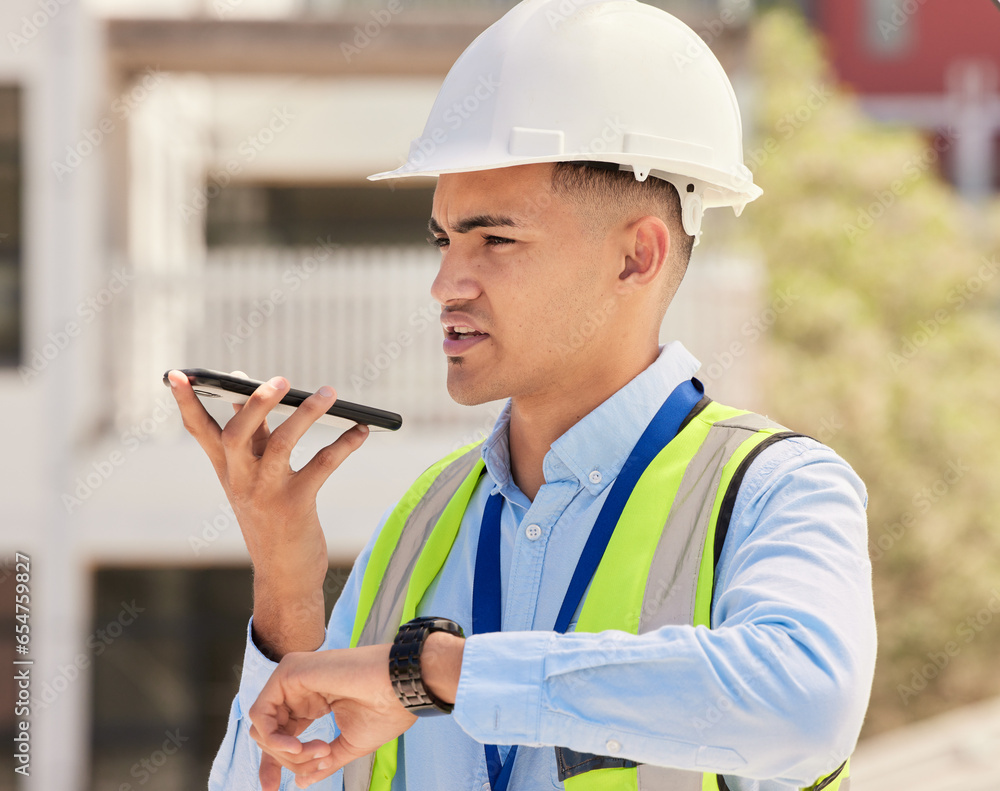 Engineering, man and phone call for project management, outdoor ...