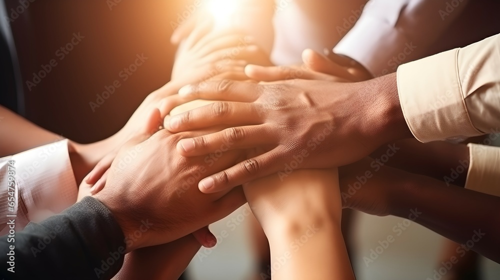 Team Building Moment: Business Professionals Stack Hands in Unity ...