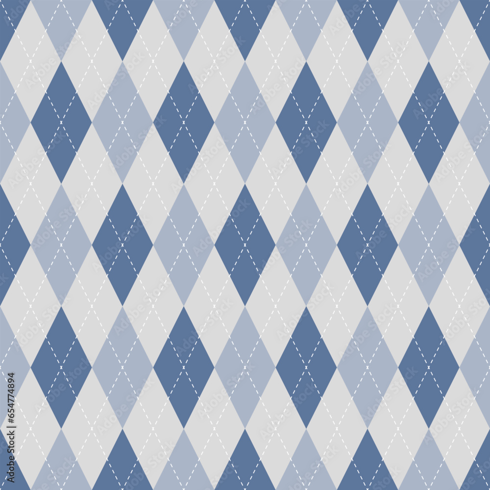 Seamless blue diamond shaped argyle pattern. Pastel rhombus background white dotted line ...