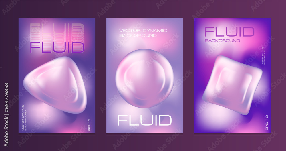 Collection of vibrant purple posters with 3d geometric holographic ...
