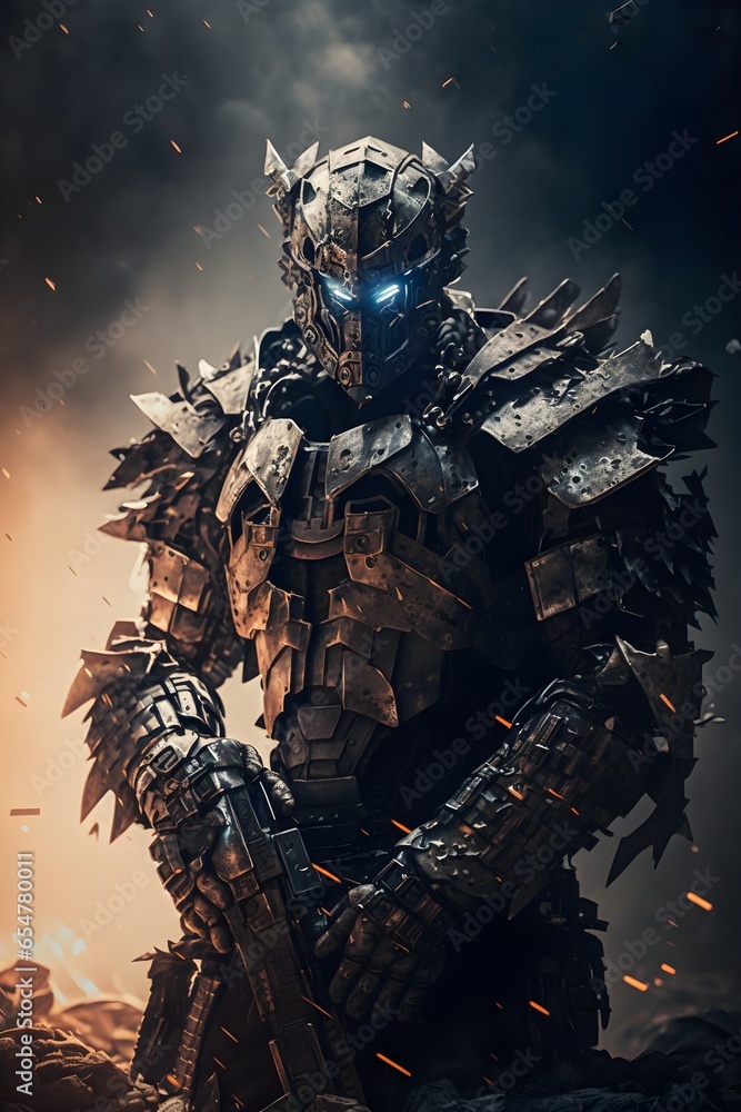 ภาพประกอบสต็อก futuristic soldier wearing scrap metal armour and using ...