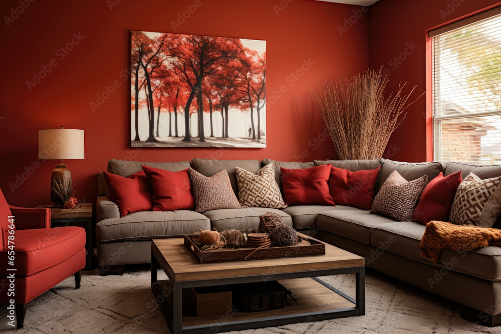 Step into a warm and inviting modern living room bathed in brick red ...