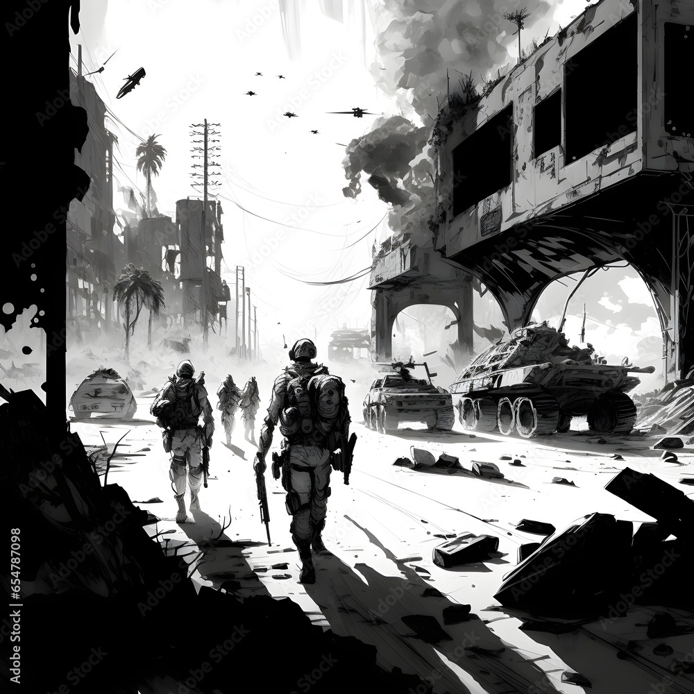 2010s era soldiers marching through a destroyed city with tanks smoke ...