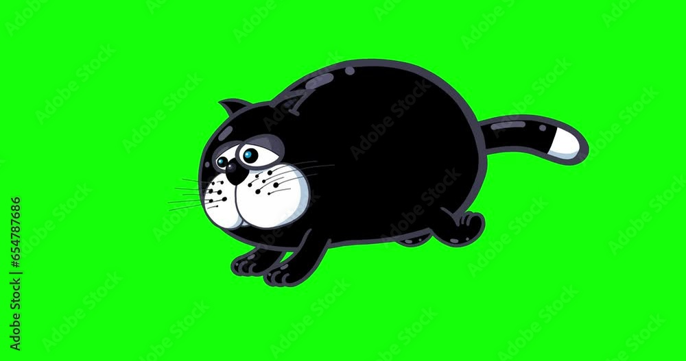 Cartoon black fat cat run in place greenbox isolated. Seamless loop ...