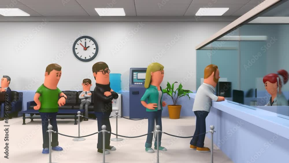 3D animated characters Business people standing in a queue in bank. Men and women waiting in ...