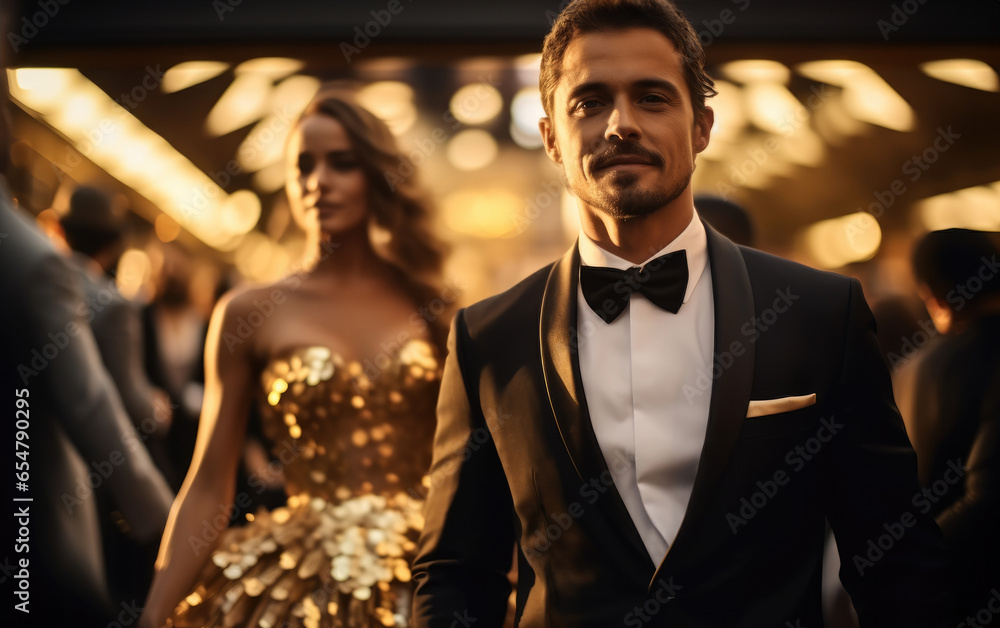man and woman in suit arriving at party, Walking on the red carpet ...