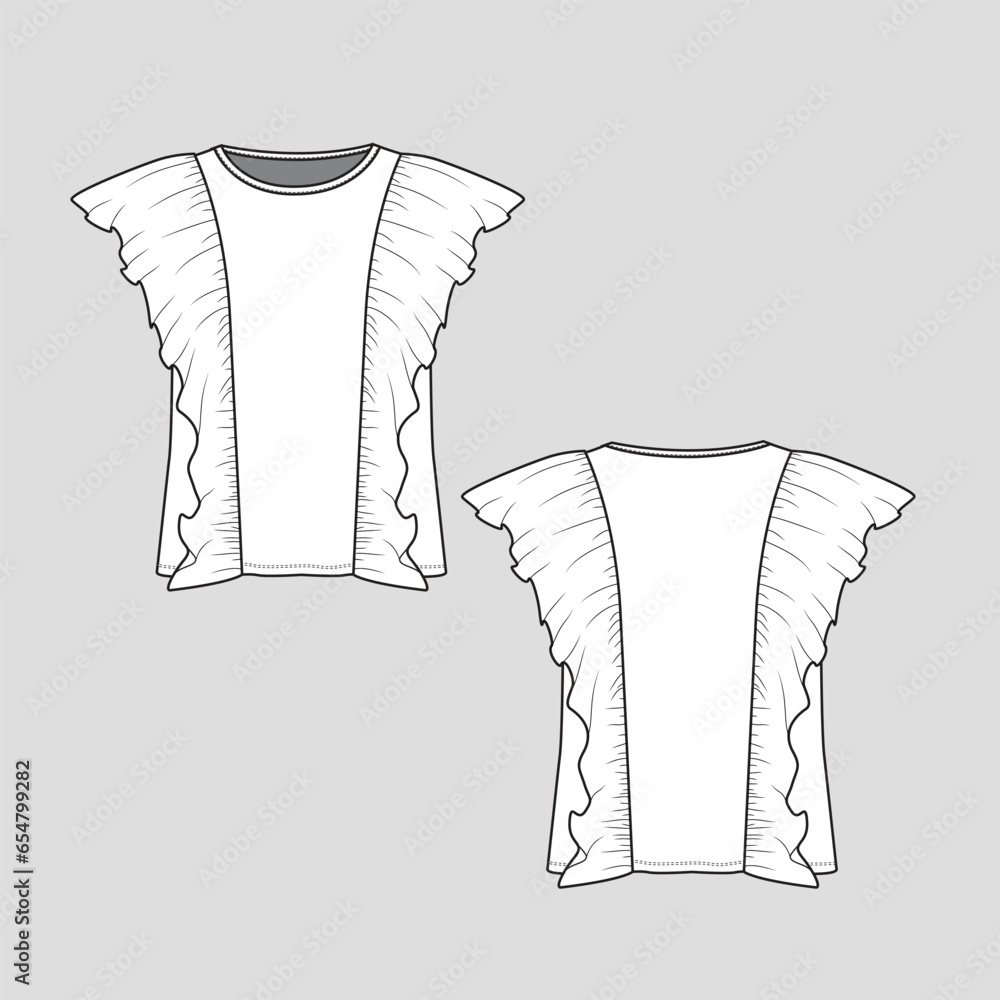 Ruffles t shirt top crew neck ruffle detail sleeve fashion flat sketch ...