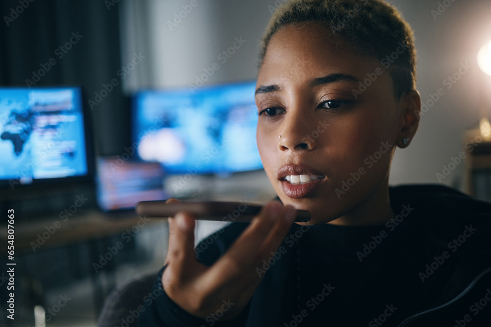 Hacker woman, phone call and night for coding, idea or deal for cybersecurity, data phishing or ...