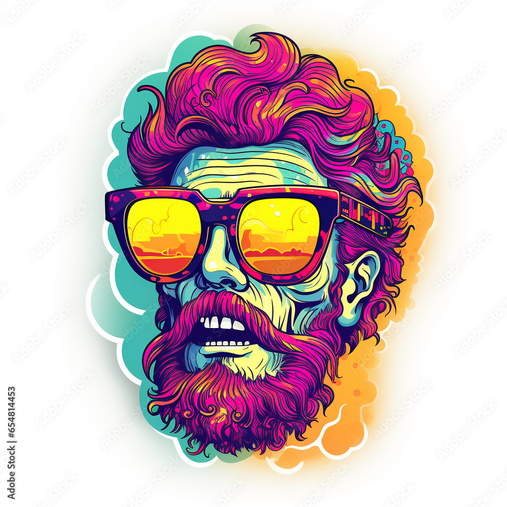 man head with beard multicolored, Graphic for trippy cartoon t-shirt ...