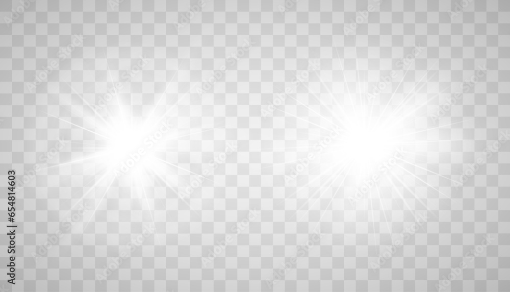 White glowing light explodes on a transparent background. Sparkling ...