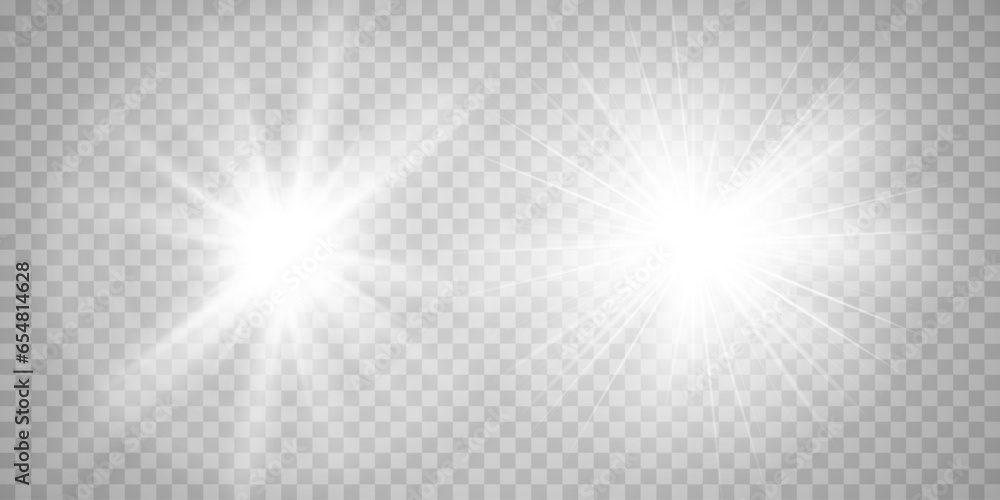 White glowing light explodes on a transparent background. Sparkling ...