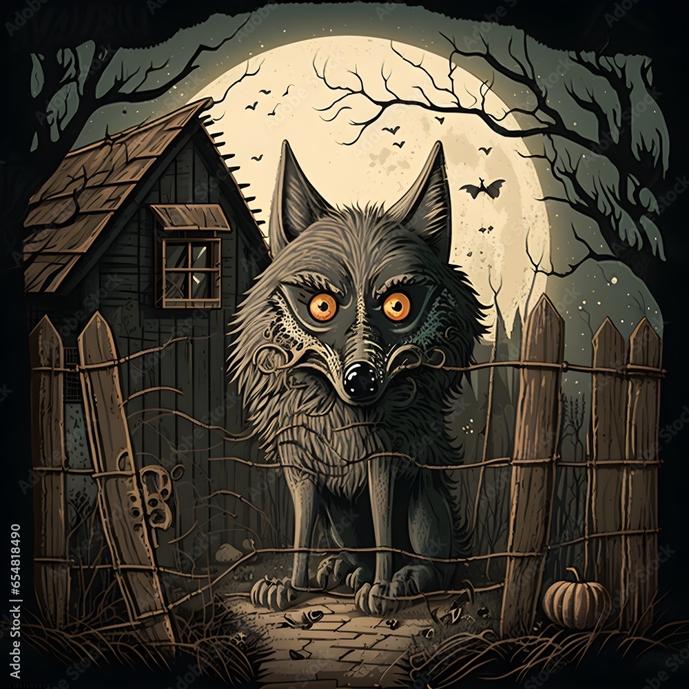 old grumpy Wolf with one eye catched in a trap background wood ...