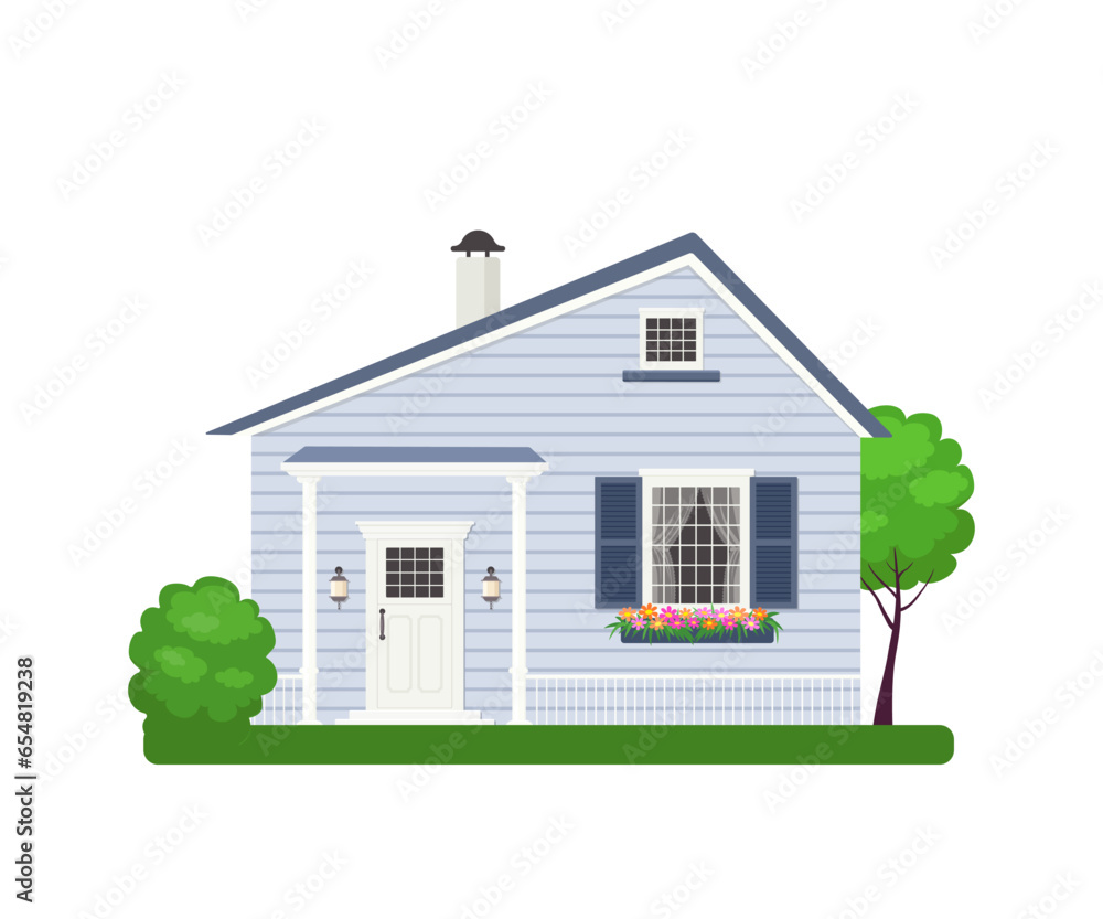 Cute blue house with columns, isolated on white background. Cartoon ...