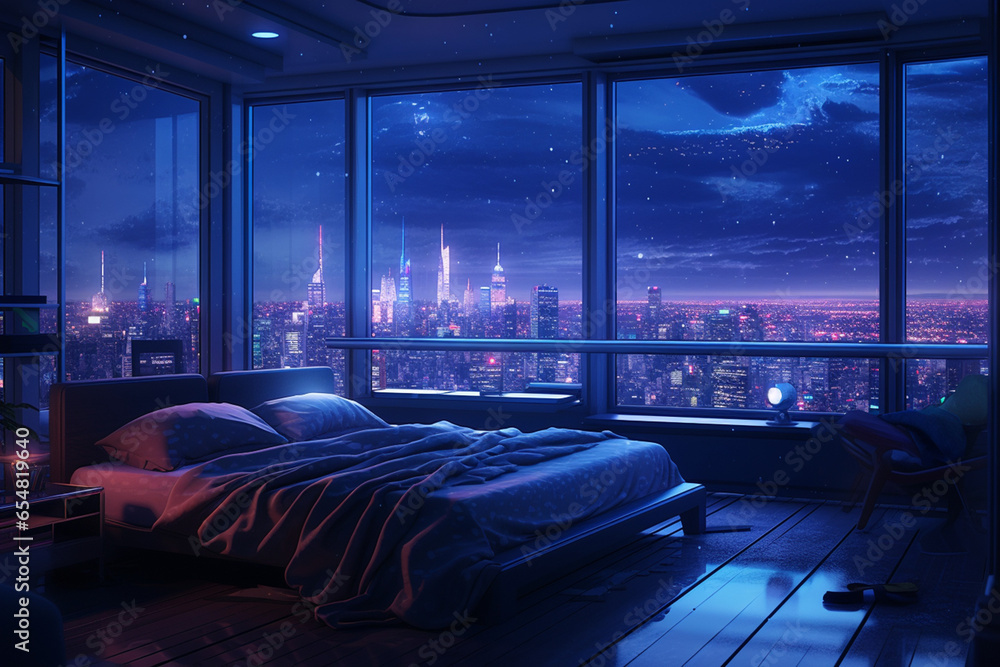 an image in the anime art style, of a bedroom interior with a panoramic ...