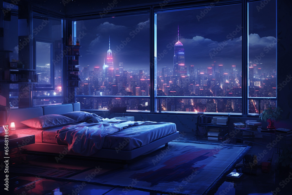 an image in the anime art style, of a bedroom interior with a panoramic ...