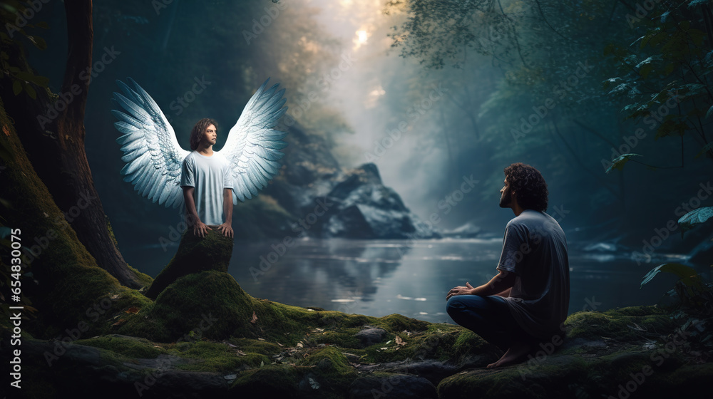 Young man seeing an apparition of an angel looking like him. Angelic ...