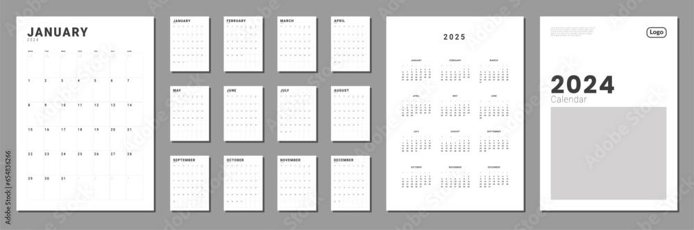 Set of Monthly pages Calendar Planner Templates 2024 with Cover. Vector ...