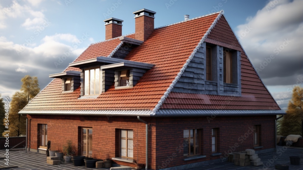 Constructing a new brick house with modular chimney skylights attic ...