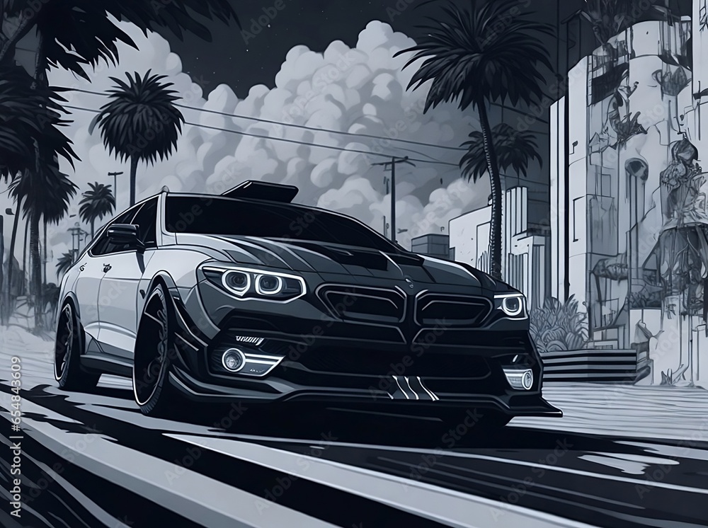 a car, manga style, anime style, extra quality, 4k, black and white ...