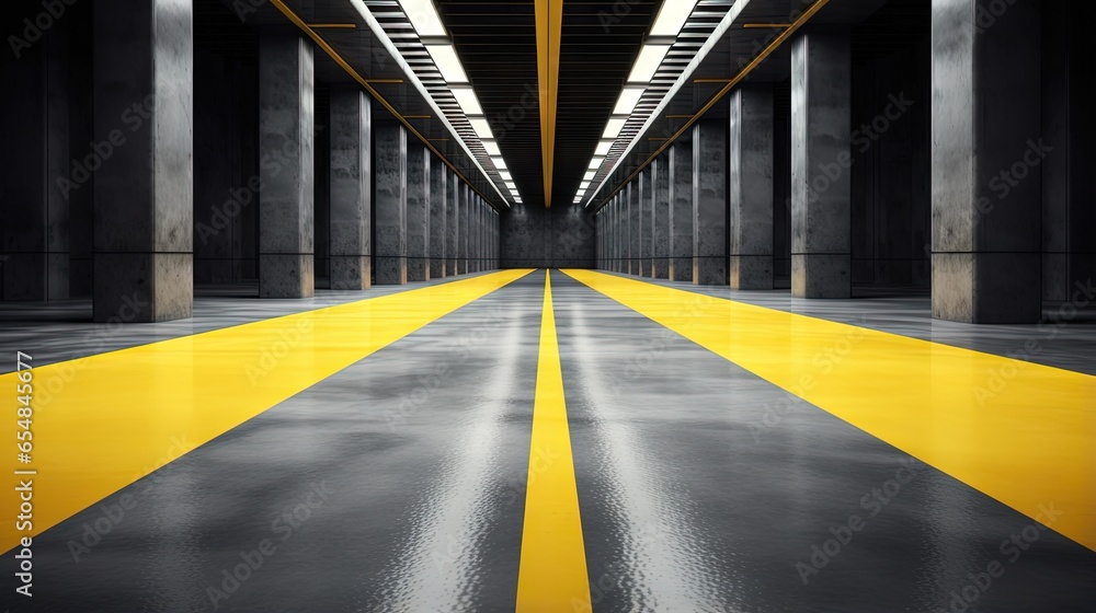 Yellow painted corridor in industrial building with parallel lines on ...