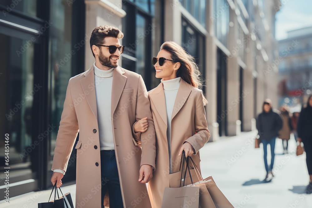 Young elegant happy rich couple coming out of shopping mall carrying ...