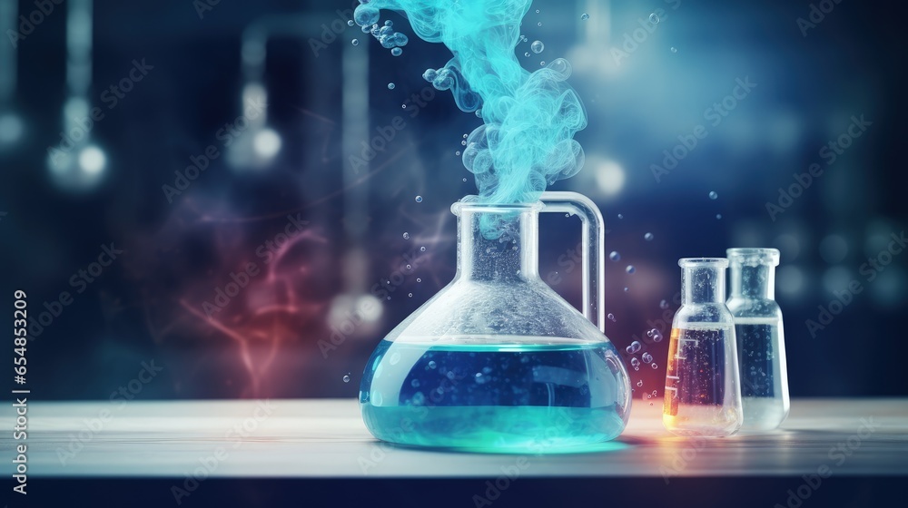 Chemistry lab photoshoot with blue chemical reaction test tube and ...