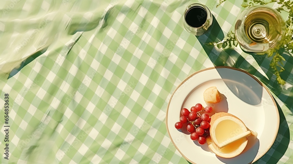 Minimalistic summer picnic setup with wine food and shadowy sunshine on ...