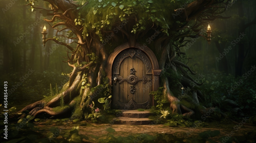 Wooden Door In Tree Trunk Dark Forest Background Tree House In Green