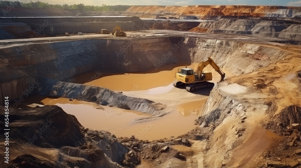 Excavator mining clay in open pit quarry for brick and tile production ...