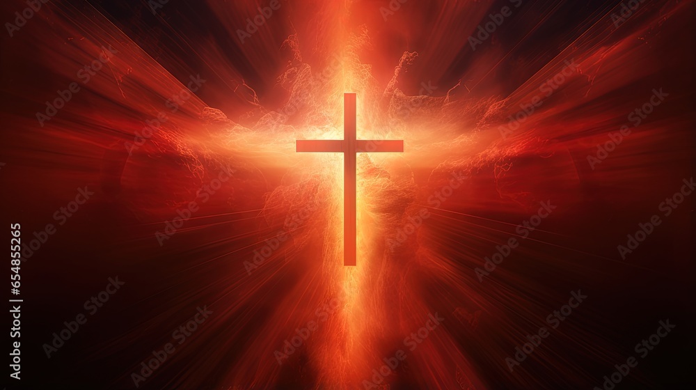 Bloody red cross against bursting light rays Lent or Easter religious ...