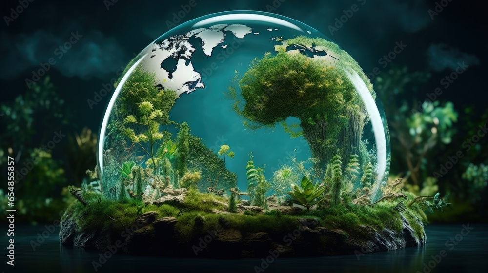 Earth on a green backdrop with tree crown continents and clear azure ...