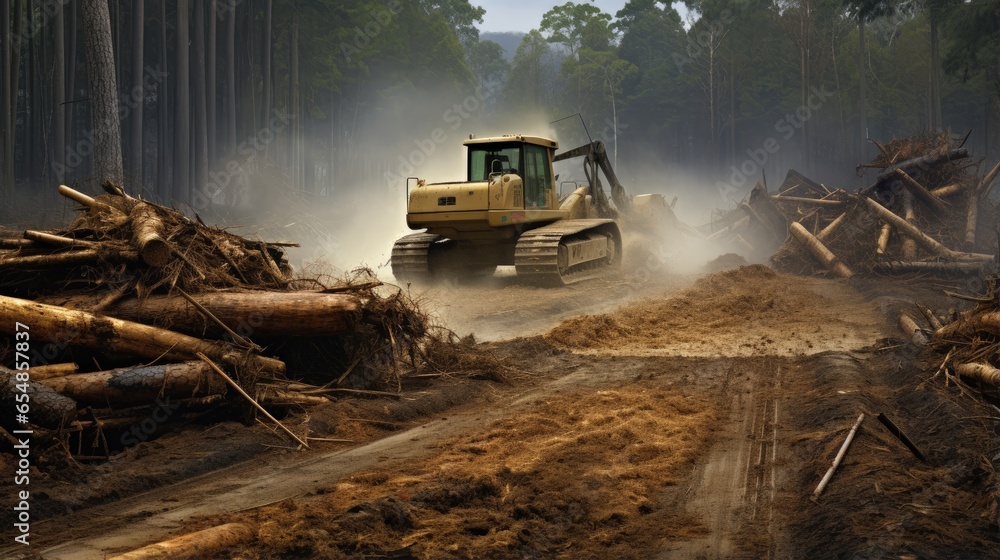 Mulching felled trees in deforestation using a horizontal grinder Stock ...